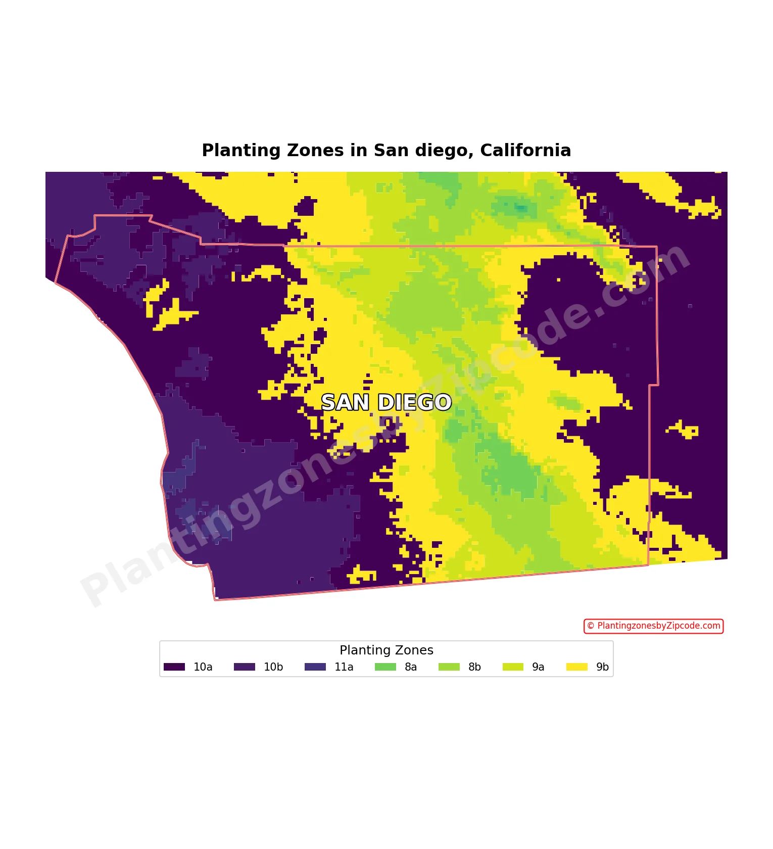 7 planting zones in San Diego on Map - plantingzonesbyzipcode