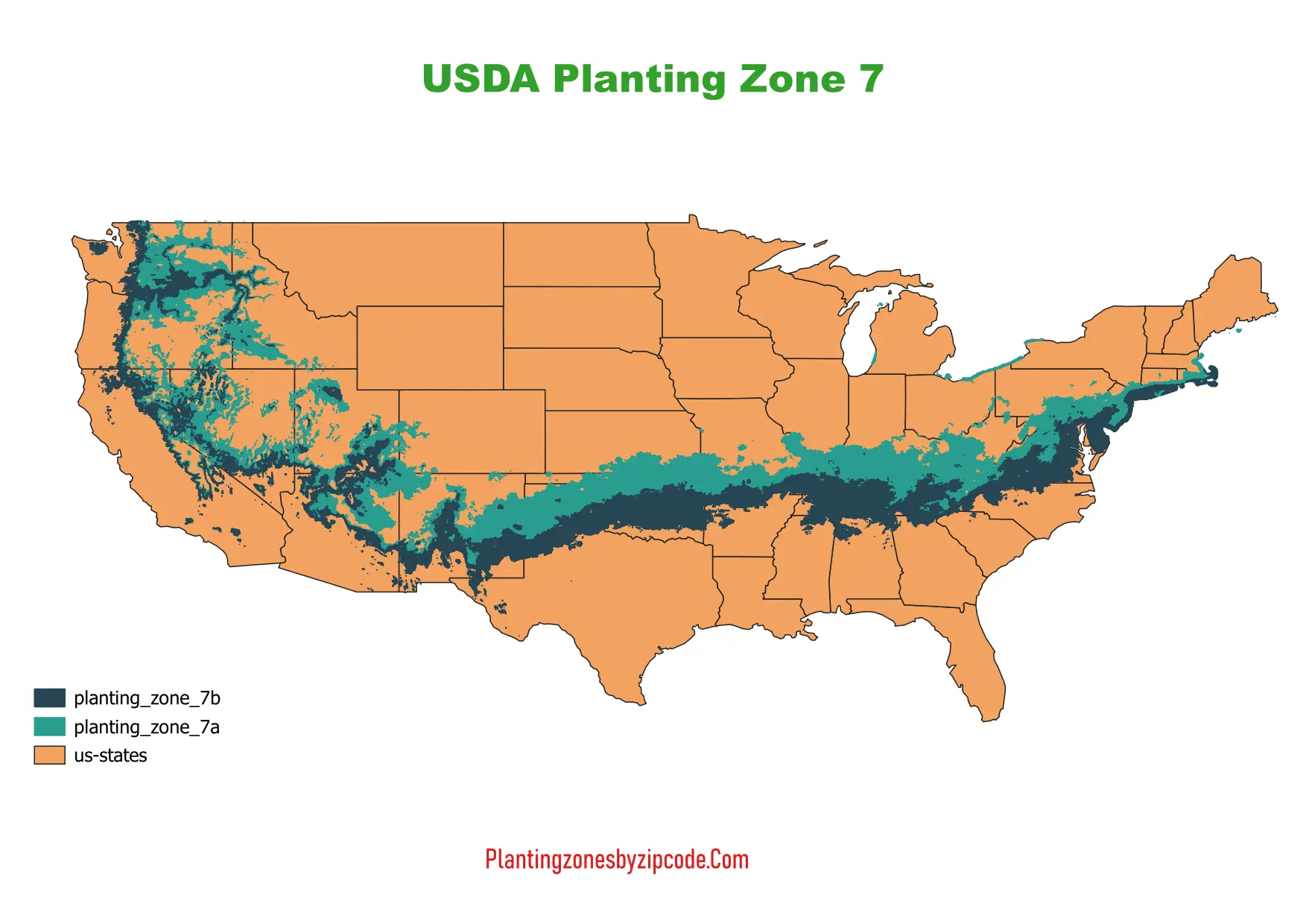 USDA zone 7 Map with its 36 states - plantingzonesbyzipcode